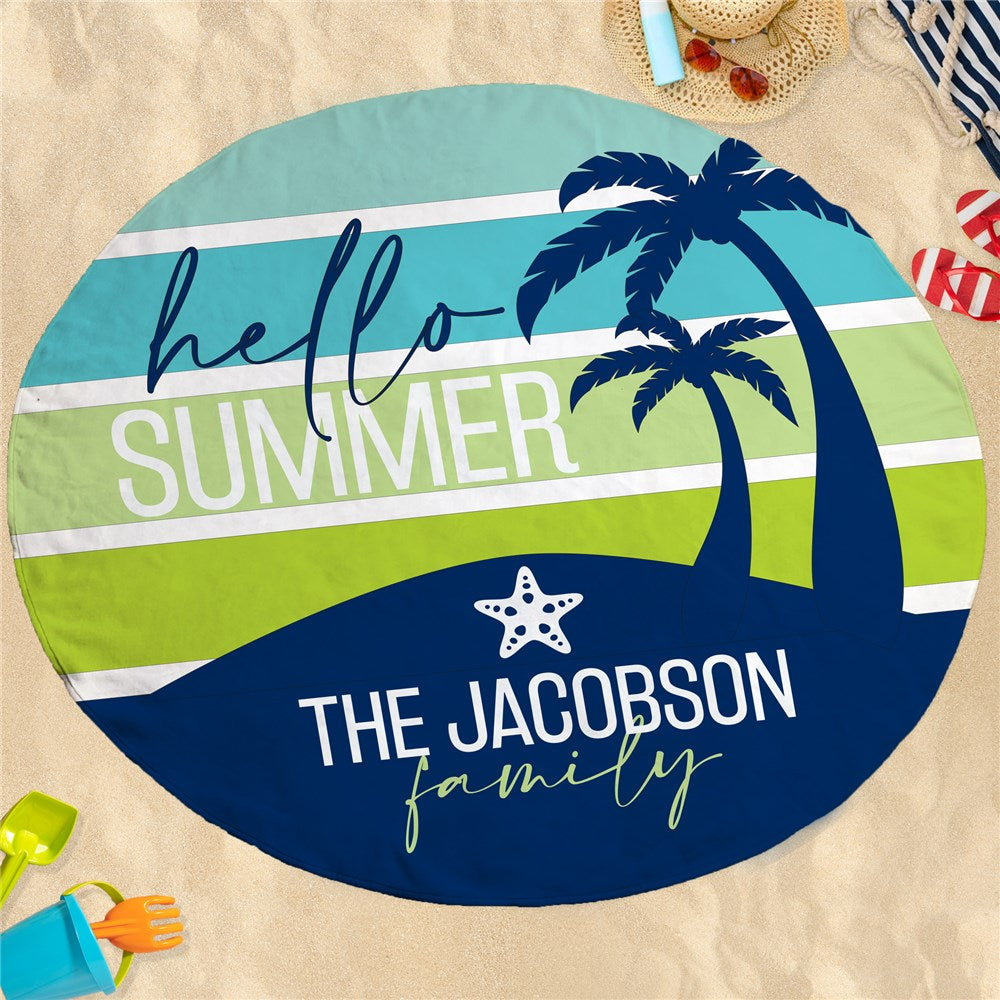 Hello Summer Round Beach Towel with Custom Name — LED Gift Works
